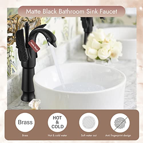 Cinwiny Swan Faucet Matte Black Bathroom Vessel Sink Faucet Single Handle One Hole Tall Lavatory Basin Tap Mixer Deck Mount Bird Faucet