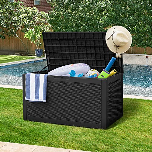 GUNJI 100 Gallons Outdoor Storage Box Waterproof Large Resin Deck Box Patio Storage Bench Lockable Storage Container for Outdoor Cushions, Pool Supplies and Garden Tools (Black)