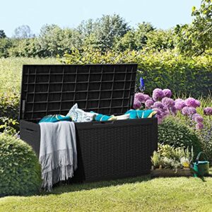 GUNJI 100 Gallons Outdoor Storage Box Waterproof Large Resin Deck Box Patio Storage Bench Lockable Storage Container for Outdoor Cushions, Pool Supplies and Garden Tools (Black)