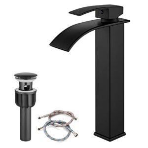 vessel sink faucet waterfall spout deck mount bathroom matte black stainless steel 304 bowl basin one hole one handle mixer tap with pop up drain