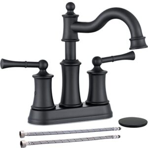 WINKEAR Centerset Bathroom Sink Faucet Matte Black 2 Handles Fit for 2 Holes Deck Mount Installation Pop-up Drain Assembly with Overflow Deck Plate and Water Supply Lines Included