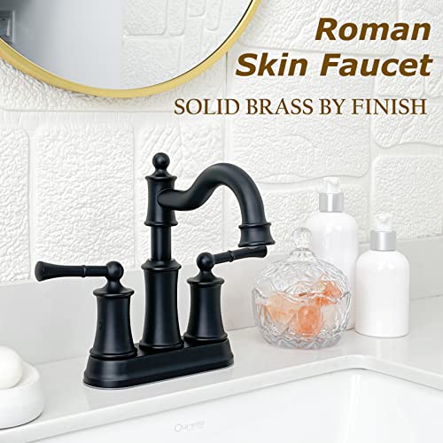 WINKEAR Centerset Bathroom Sink Faucet Matte Black 2 Handles Fit for 2 Holes Deck Mount Installation Pop-up Drain Assembly with Overflow Deck Plate and Water Supply Lines Included