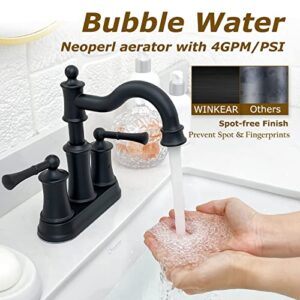 WINKEAR Centerset Bathroom Sink Faucet Matte Black 2 Handles Fit for 2 Holes Deck Mount Installation Pop-up Drain Assembly with Overflow Deck Plate and Water Supply Lines Included