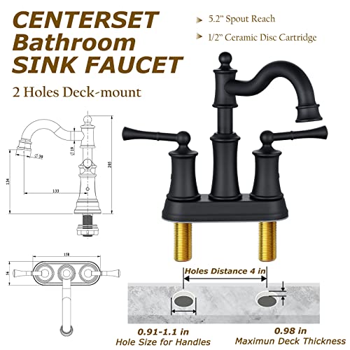 WINKEAR Centerset Bathroom Sink Faucet Matte Black 2 Handles Fit for 2 Holes Deck Mount Installation Pop-up Drain Assembly with Overflow Deck Plate and Water Supply Lines Included