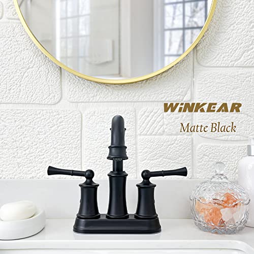 WINKEAR Centerset Bathroom Sink Faucet Matte Black 2 Handles Fit for 2 Holes Deck Mount Installation Pop-up Drain Assembly with Overflow Deck Plate and Water Supply Lines Included