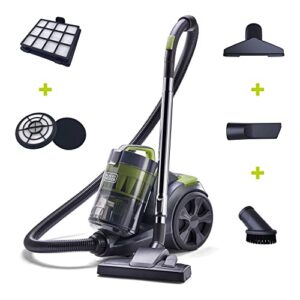 black and decker 3 liter bagless multi cyclonic canister vacuum cleaner with corded 1,200 watt motor, adjustable suction, and hepa filter, gray/green