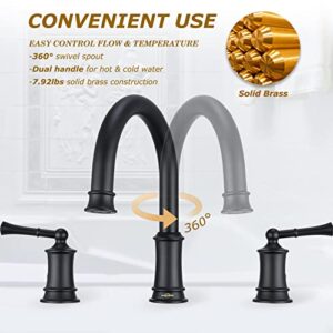 Hangoro Bathtub faucet, Deck Mount Antique Tub Faucet 2 Lever Handles, Widespread 3 Holes Brass Rough-in Tub Faucet, 360° Swivel Spout, High Flow Faucet For Bathroom, Matte Black(B2307-BK)