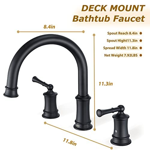 Hangoro Bathtub faucet, Deck Mount Antique Tub Faucet 2 Lever Handles, Widespread 3 Holes Brass Rough-in Tub Faucet, 360° Swivel Spout, High Flow Faucet For Bathroom, Matte Black(B2307-BK)