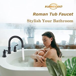 Hangoro Bathtub faucet, Deck Mount Antique Tub Faucet 2 Lever Handles, Widespread 3 Holes Brass Rough-in Tub Faucet, 360° Swivel Spout, High Flow Faucet For Bathroom, Matte Black(B2307-BK)