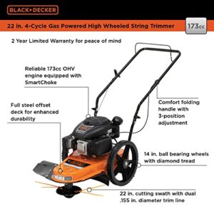 BLACK+DECKER 25A-26KF736 4-Cycle Gas Powered 22-Inch Walk-Behind High-Wheeled String Trimmer with 173cc Kohler Engine, Black and Orange