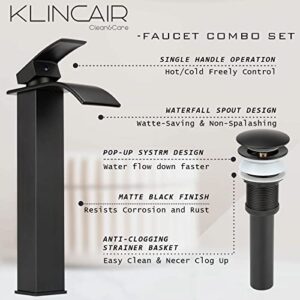 KLINCAIR Bathroom Vessel Bowl Sink Faucet Matte Black, 11 Inch Tall Waterfall Spout Single Handle & Single Hole Deck Mount Lavatory Vanity Mixer Tap with Pop up Sink Drain with Strainer Hair Catcher