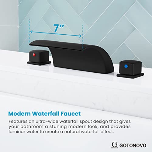 gotonovo Matte Black Bathroom Waterfall Tub Faucet Deck Mount Roman Tub Filler 3 Hole Bathtub Faucet with Square Knob Handle Bathtub Spout Brass Valve Stainless Steel Water Supply Lines High Flow