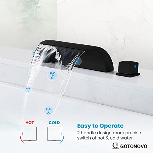 gotonovo Matte Black Bathroom Waterfall Tub Faucet Deck Mount Roman Tub Filler 3 Hole Bathtub Faucet with Square Knob Handle Bathtub Spout Brass Valve Stainless Steel Water Supply Lines High Flow