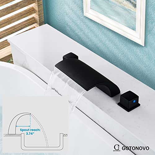 gotonovo Matte Black Bathroom Waterfall Tub Faucet Deck Mount Roman Tub Filler 3 Hole Bathtub Faucet with Square Knob Handle Bathtub Spout Brass Valve Stainless Steel Water Supply Lines High Flow