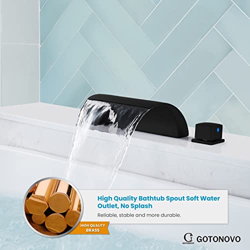 gotonovo Matte Black Bathroom Waterfall Tub Faucet Deck Mount Roman Tub Filler 3 Hole Bathtub Faucet with Square Knob Handle Bathtub Spout Brass Valve Stainless Steel Water Supply Lines High Flow