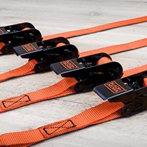 BLACK+DECKER BD1005 Black/Orange 1" x 10' Ratchet Tie Down Straps - Light-Duty (900 lb Break Strength), 4 Pack