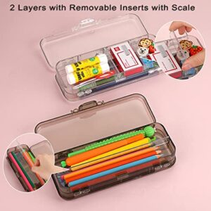 BTSKY Double Deck School Pencils Box Clear Plastic Stationery Box with 4 Removable Ruler Dividing Spacers Multi-grid Home Utility Box with 6 Compartments for Pencils Erasers Clips (Clear Black)