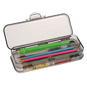 BTSKY Double Deck School Pencils Box Clear Plastic Stationery Box with 4 Removable Ruler Dividing Spacers Multi-grid Home Utility Box with 6 Compartments for Pencils Erasers Clips (Clear Black)