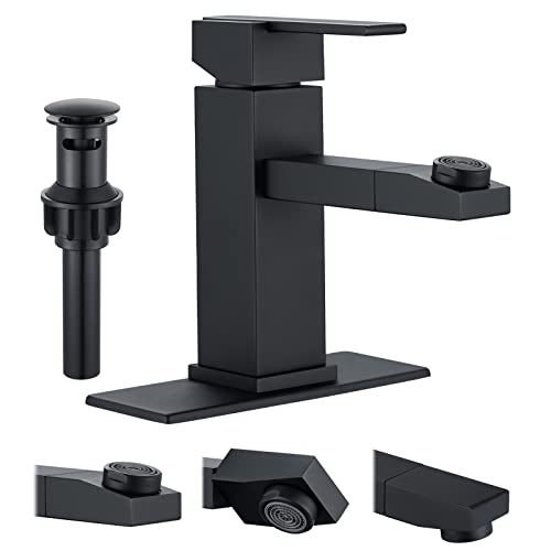 NAUKWAN Single Handle Bathroom Sink Faucet, Matte Black 360° Swivel Spout 1 Hole Soild Brass Modern Faucet with Pop-up Drain Water Supply Lines Deck Plate for Vanity Basin Lavatory ,5201-BK