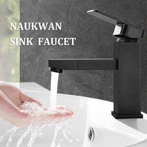 NAUKWAN Single Handle Bathroom Sink Faucet, Matte Black 360° Swivel Spout 1 Hole Soild Brass Modern Faucet with Pop-up Drain Water Supply Lines Deck Plate for Vanity Basin Lavatory ,5201-BK