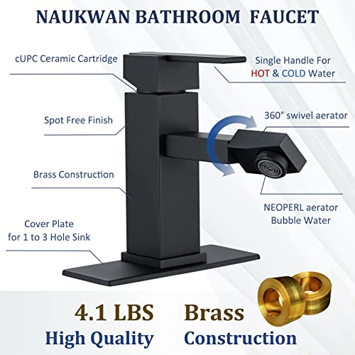 NAUKWAN Single Handle Bathroom Sink Faucet, Matte Black 360° Swivel Spout 1 Hole Soild Brass Modern Faucet with Pop-up Drain Water Supply Lines Deck Plate for Vanity Basin Lavatory ,5201-BK