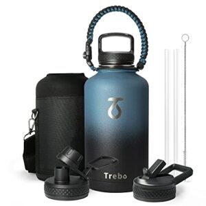 trebo water bottle 64oz with paracord handle, half gallon food-grade double wall vacuum stainless steel insulated jug with straw spout handle lids, leakproof keep cold & hot, ombre: indigo/black