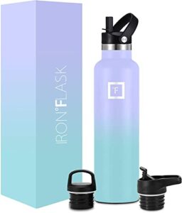 iron °flask sports water bottle – 24 oz, 3 lids (straw lid), leak proof, vacuum insulated stainless steel, hot cold, double walled, thermo mug, standard metal canteen