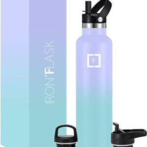 IRON °FLASK Sports Water Bottle - 24 Oz, 3 Lids (Straw Lid), Leak Proof, Vacuum Insulated Stainless Steel, Hot Cold, Double Walled, Thermo Mug, Standard Metal Canteen