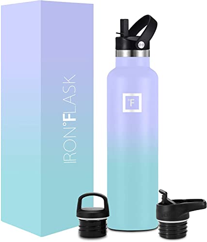 IRON °FLASK Sports Water Bottle - 24 Oz, 3 Lids (Straw Lid), Leak Proof, Vacuum Insulated Stainless Steel, Hot Cold, Double Walled, Thermo Mug, Standard Metal Canteen