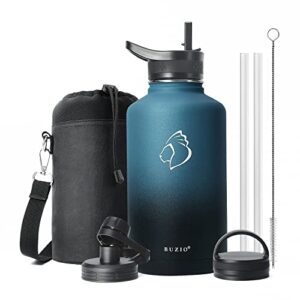 buzio insulated water bottle 64 oz with straw lid (3 lids), 64oz stainless steel water bottle half gallon jug flask, double wall vacuum sports thermo mug, cold hot hydro metal canteen, indigo black