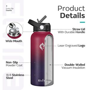 Elvira 32oz Vacuum Insulated Stainless Steel Water Bottle with Straw & Spout Lids, Double Wall Sweat-proof BPA Free to Keep Beverages Cold For 24Hrs or Hot For 12Hrs-Wine Red/Violet Gradient