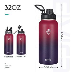 Elvira 32oz Vacuum Insulated Stainless Steel Water Bottle with Straw & Spout Lids, Double Wall Sweat-proof BPA Free to Keep Beverages Cold For 24Hrs or Hot For 12Hrs-Wine Red/Violet Gradient