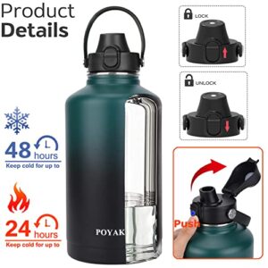 Water Bottle Insulated 64 oz- Straw lid and Auto Spout lid, Leak Proof, Vacuum Insulated, Large Metal Stainless Steel Water Jug Half Gallon Wide Mouth for Sports, Gym, Keep Cold 48H Hot 24H