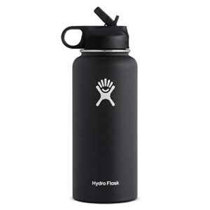 hydro flask vacuum insulated stainless steel water bottle wide mouth with straw lid (black, 32-ounce)