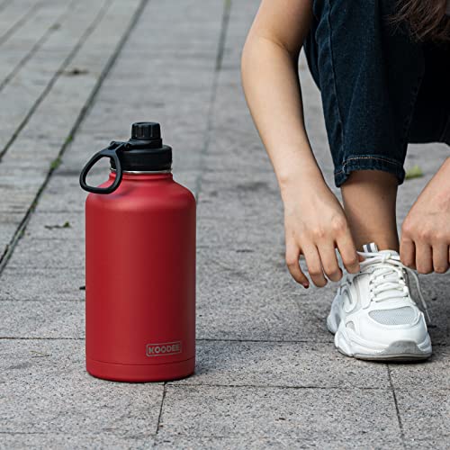 koodee Stainless Steel Water Bottle, 64 oz Double Wall Vacuum Insulated Sports Bottle with Leakproof Spout Lid (Canyon Red)