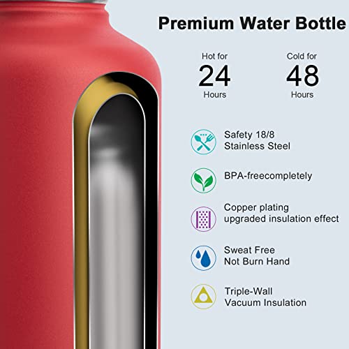 koodee Stainless Steel Water Bottle, 64 oz Double Wall Vacuum Insulated Sports Bottle with Leakproof Spout Lid (Canyon Red)