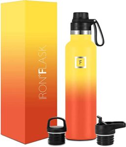 iron °flask sports water bottle – 24 oz, 3 lids (spout lid), leak proof, vacuum insulated stainless steel, hot cold, double walled, thermo mug, standard metal canteen