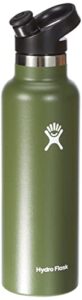 hydro flask 21 oz. water bottle – stainless steel, reusable, vacuum insulated with standard mouth with sport cap, olive