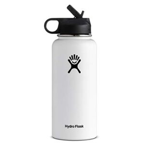 hydro flask vacuum insulated stainless steel water bottle wide mouth with straw lid (white, 32-ounce)