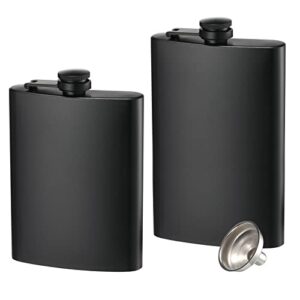 2 pack hip flasks for liquor, 8 oz & 12 oz stainless steel leakproof thin flasks with funnel for men & women (matte black)