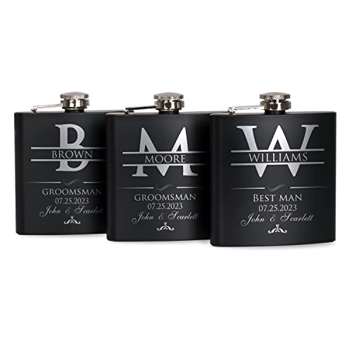 P Lab Set Of 3 - Groomsmen Gift - Groomsman Gifts For Wedding, Wedding Favor Customized Flask Set w Optional Gift Box - Engraved 6oz Stainless Steel Flask Custom Personalized Flask Gift Set, Black #2