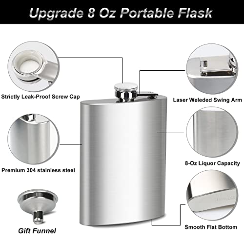 BEDEONE 8 Oz Flask for Liquor for Men, Leakproof Drinking Flask with Funnel, Stainless Steel Flask Hip Flask Set, Camping Pocket Flask, Laser Weleded Screw Cap, Ideal for Gift