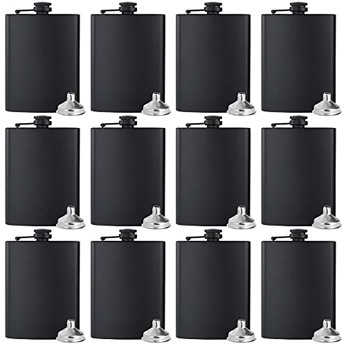 Hip Flasks for Liquor for Men Women 12 pcs 8Oz Matte Black Stainless Steel Flask with 12 pcs Funnels for Wedding Party Groomsman Bridesmaid Birthdays Gift