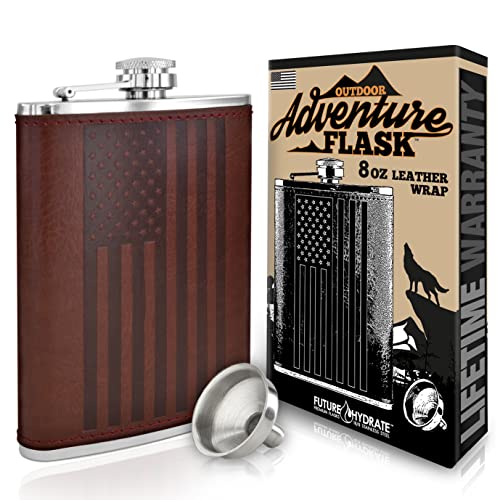 American Flag Flask - 8 oz Premium Soft Touch Leather Wrap | 304 Highest Food Grade Stainless Steel | Leak Proof Slim Hip Flasks | Classic American Flag Design | Bonus Funnel