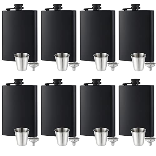 8 pcs Flask for Liquor for Men Matte Black 8 Oz Stainless Steel Leak proof with 8 pcs wine glass 8 pcs Funnel used for Gift,Camping, Outdoor Activitie,Groomsman Bridesmaid Wedding Party