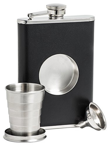 Shot Flask - Stainless Steel 8 oz Hip Flask, Built-in Collapsible 2 Oz. Shot Glass & Flask Funnel - BarMe Brand