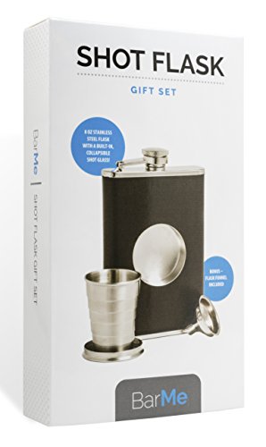 Shot Flask - Stainless Steel 8 oz Hip Flask, Built-in Collapsible 2 Oz. Shot Glass & Flask Funnel - BarMe Brand