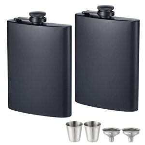 2 pack hip flasks for liquor matte black 8 oz stainless steel leak-proof thin flasks with 2pcs funnels and cups for wedding party, groomsman, bridesmaid, gift