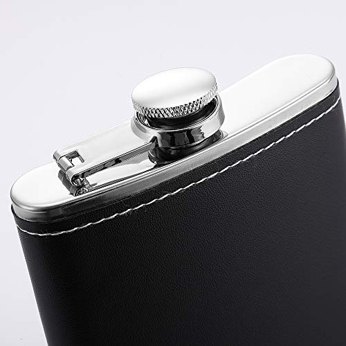 YWQ 1 Pack Flask for Liquor and Funnel, Premium 8 Oz Leak Proof 18/8 Stainless Steel Pocket Hip Flask with Black Leather Cover, Great Gift Idea Flask