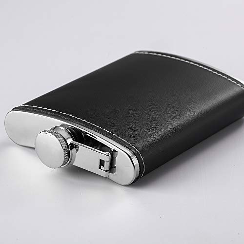 YWQ 1 Pack Flask for Liquor and Funnel, Premium 8 Oz Leak Proof 18/8 Stainless Steel Pocket Hip Flask with Black Leather Cover, Great Gift Idea Flask